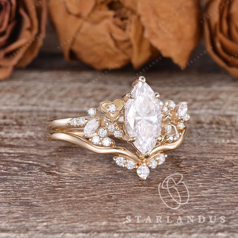 Natural Inspired Marquise Shaped Moissanite Engagement Ring Set Yellow ...