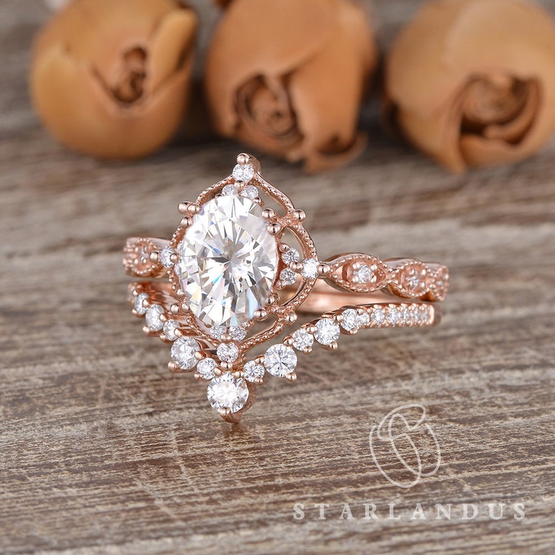 Unique Rose Gold Bridal Set 1.5ct Lab Grown Diamond Engagement | Etsy