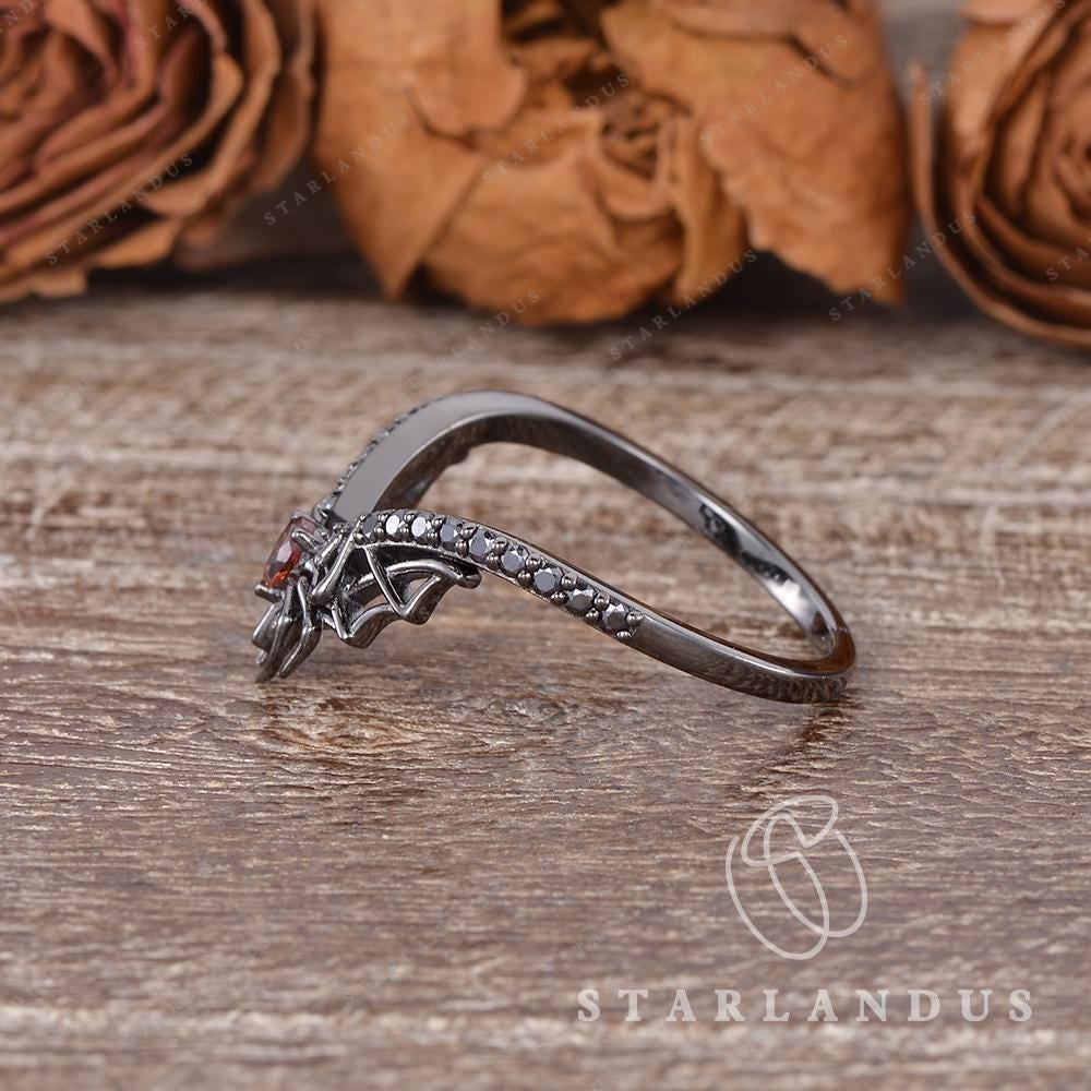Goth Spider Garnet Curved Wedding Band Black Gold Natural Inspired ...