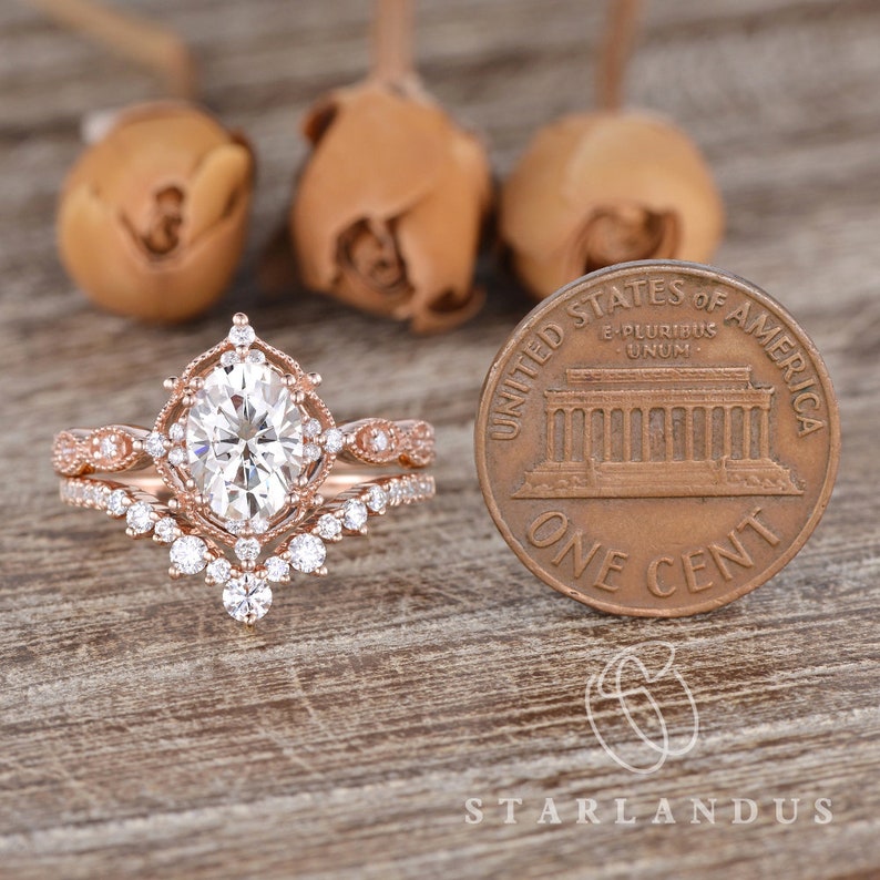 Unique Rose Gold Bridal Set 1.5ct Lab Grown Diamond Engagement | Etsy