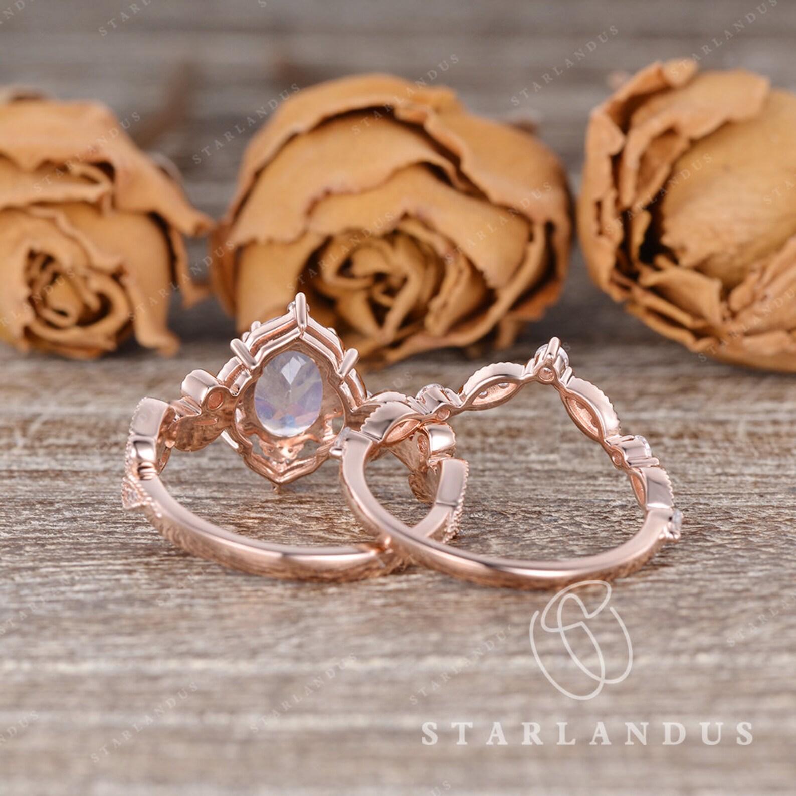 Vine Rose Gold Cluster Rings Unique Moonstone Bridal Set 2cps White ...