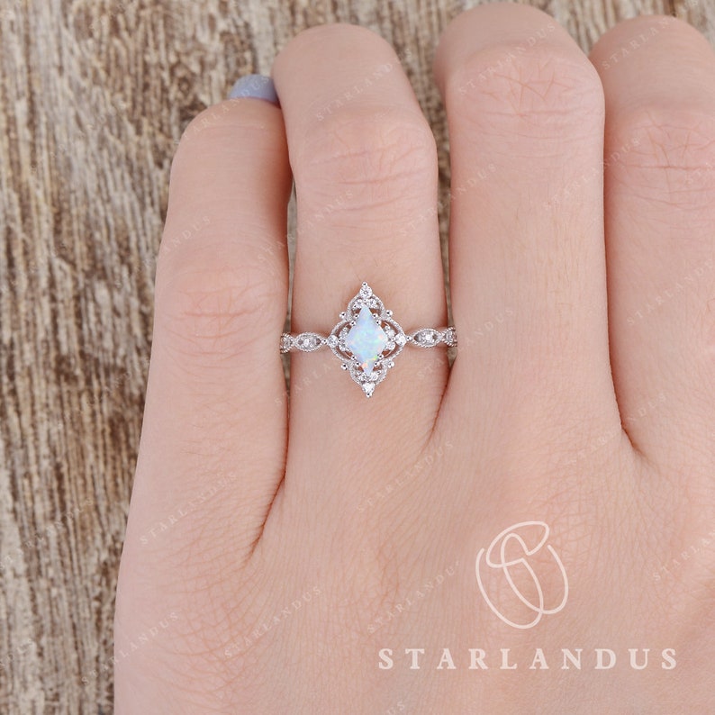 Diamond Shape Lab White Opal Engagement Ring Unique Vine Boho - Etsy