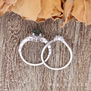 Pear Shaped Moon Engagement Ring 1ct Moss Agate Ring 2pcs White Gold ...