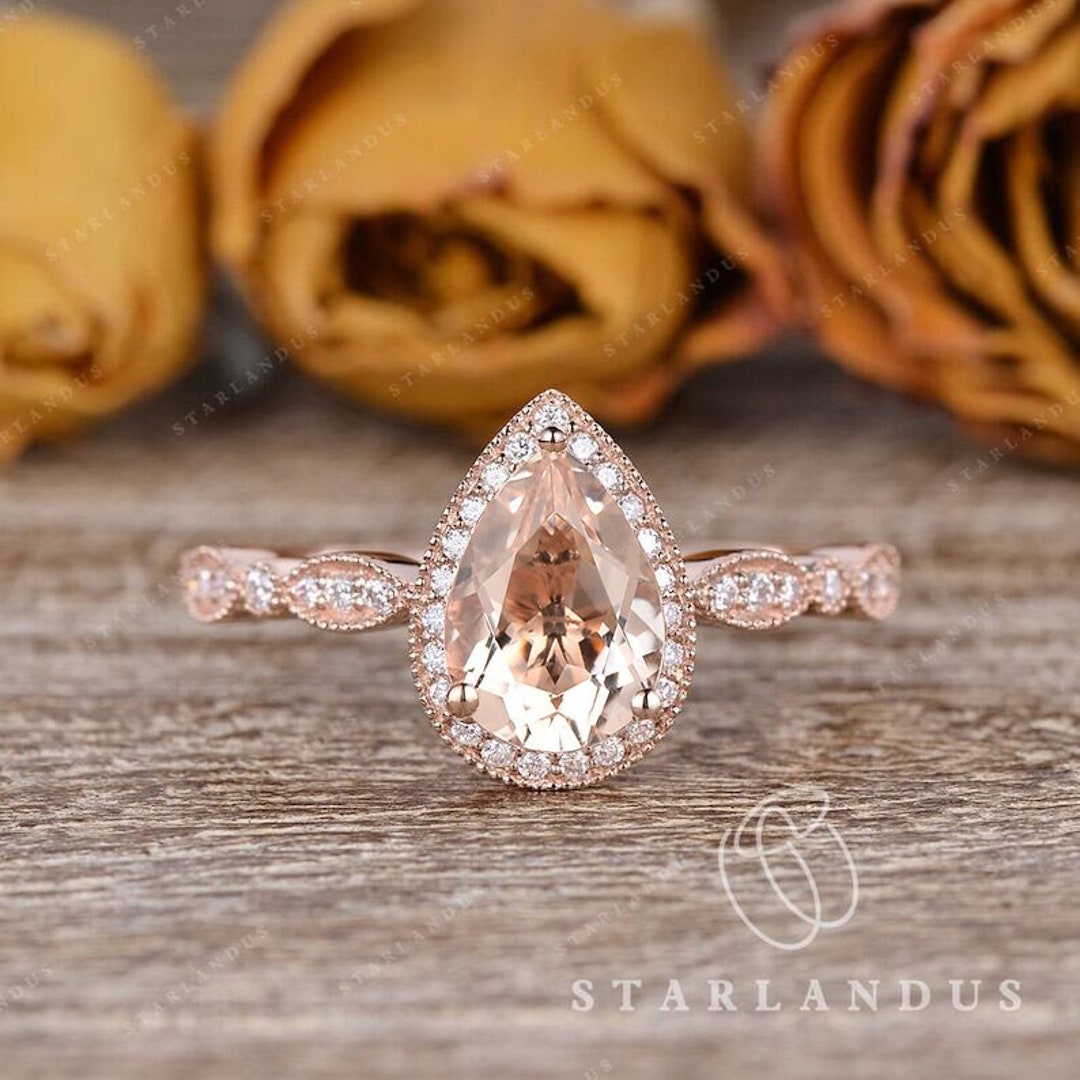 Pear Shaped Morganite Engagement Ring Art Deco Moissanite Ring Rose Gold Cluster Halo Solitaire ...