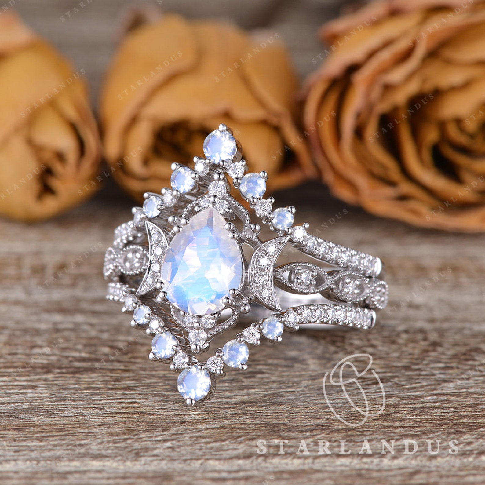 Moonstone Crescent Ring 3pcs White Gold Moon Engagement Ring - Etsy
