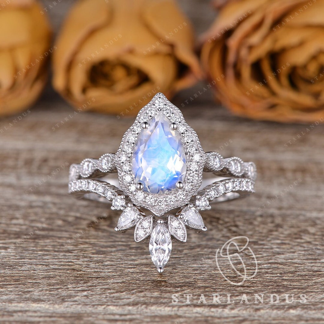 Pear Shaped Moonstone Engagement Ring 2pcs Art Deco Bridal Set Vine ...
