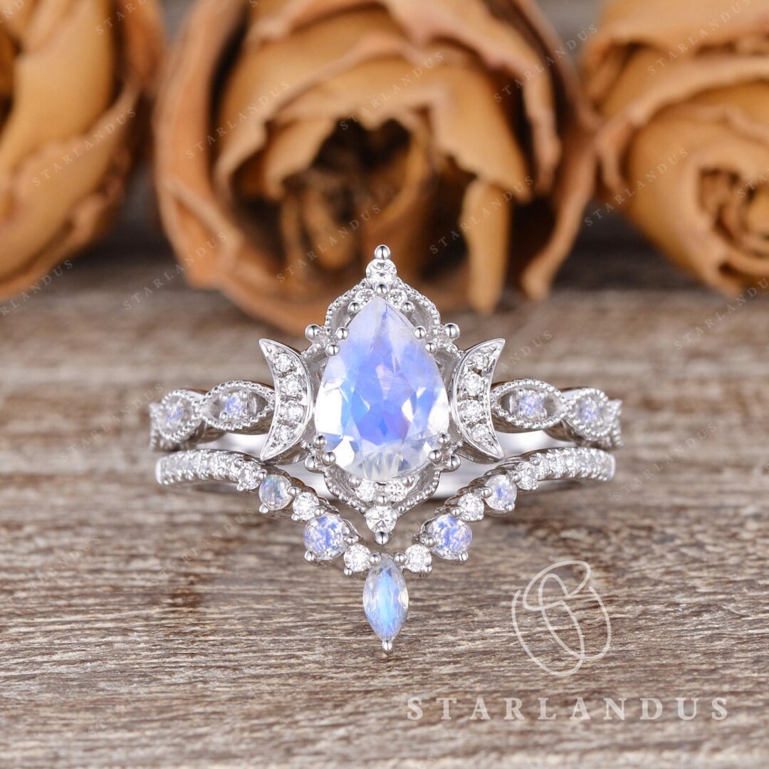 Magic Moon Ring Moonstone Engagement Rings 2pcs White Gold - Etsy
