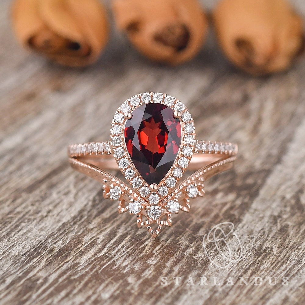 Pear Shaped Garnet Engagement Ring Set 2pcs Rose Gold Bridal Set Unique ...