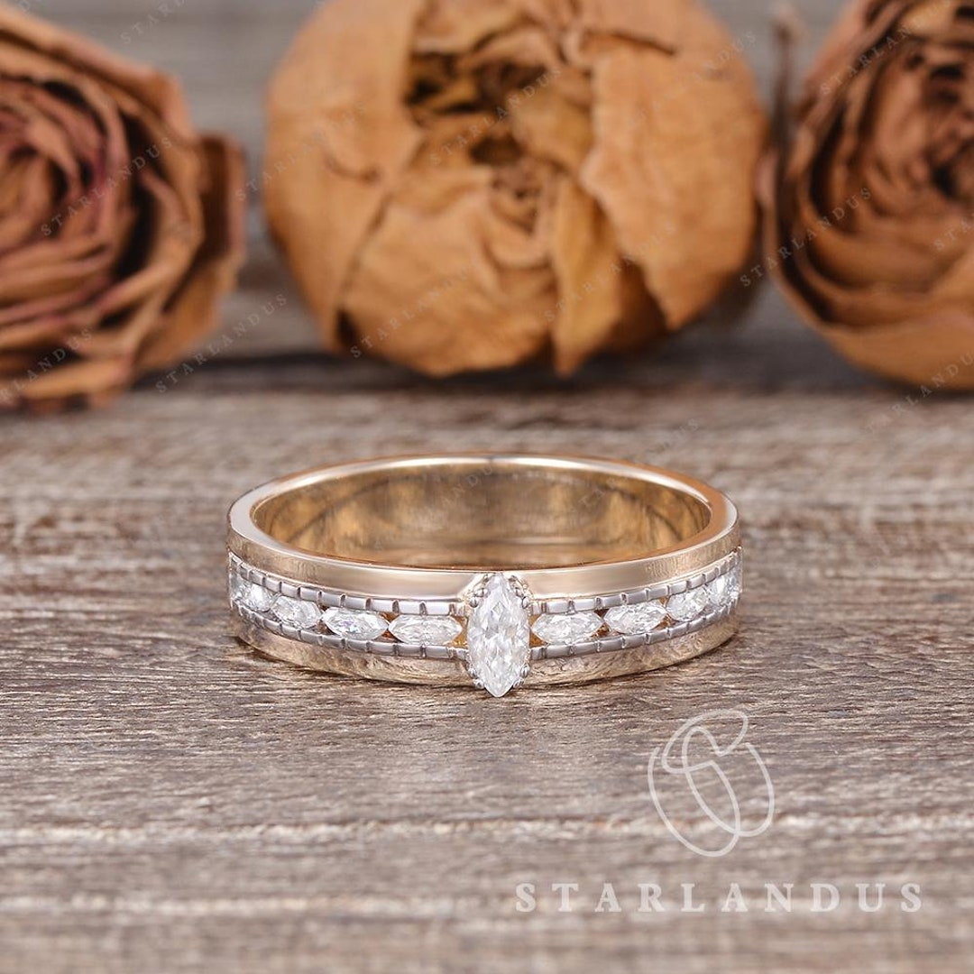 Marquise Channel Set Moissanite Wedding Band Mens 5mm Solid 14K Gold ...