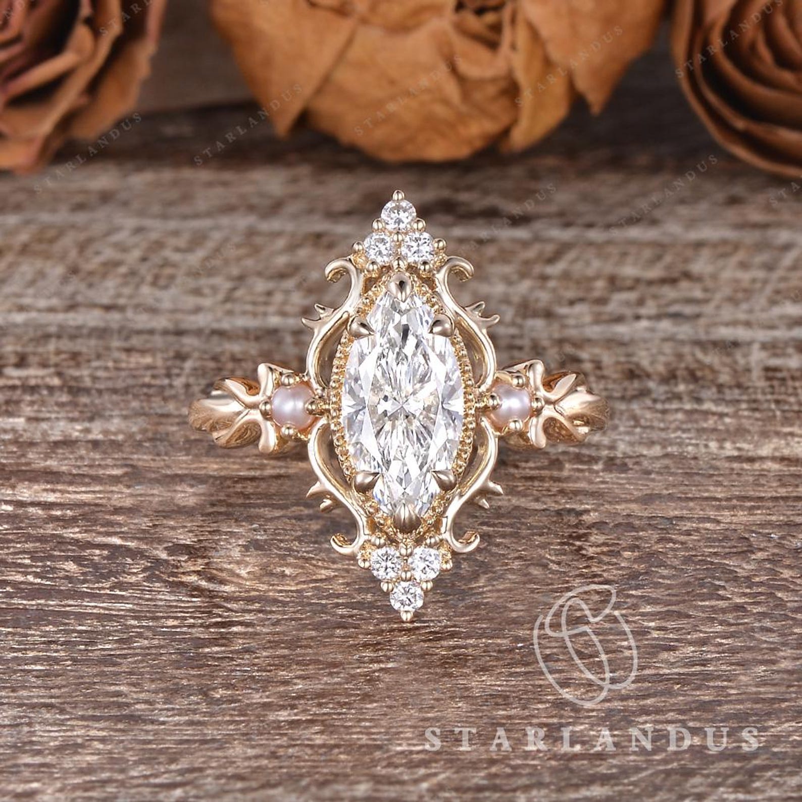Vintage Marquise Cut Diamond Ring Yellow Gold IGI Certificate Lab Grown ...
