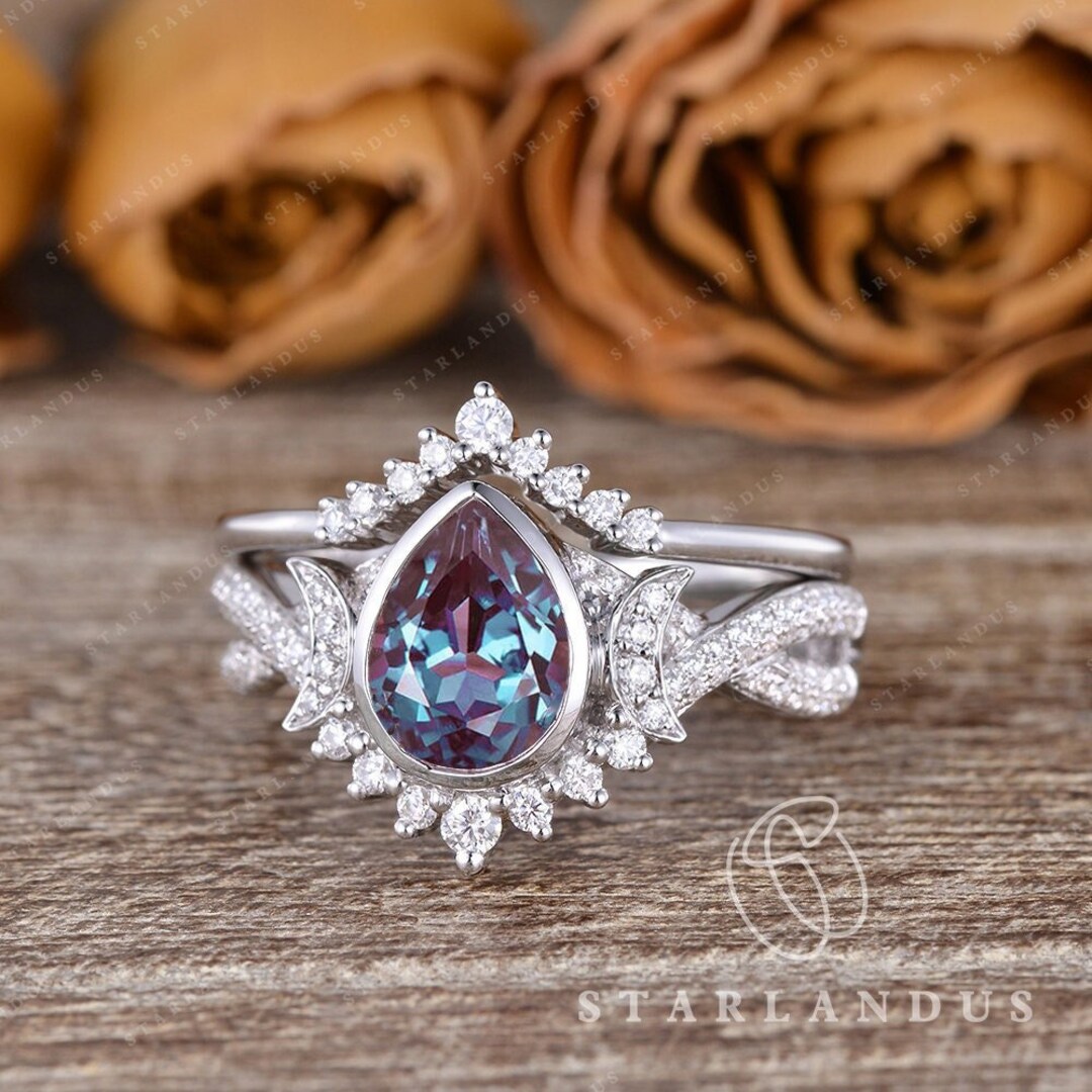 Pear Shaped Lab Alexandrite Ring Moon Crescent Infinity Engagement Ring ...