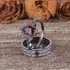 Goth Couples Ring Garnet Black Gold Black Gold Ring Crystal Wedding ...