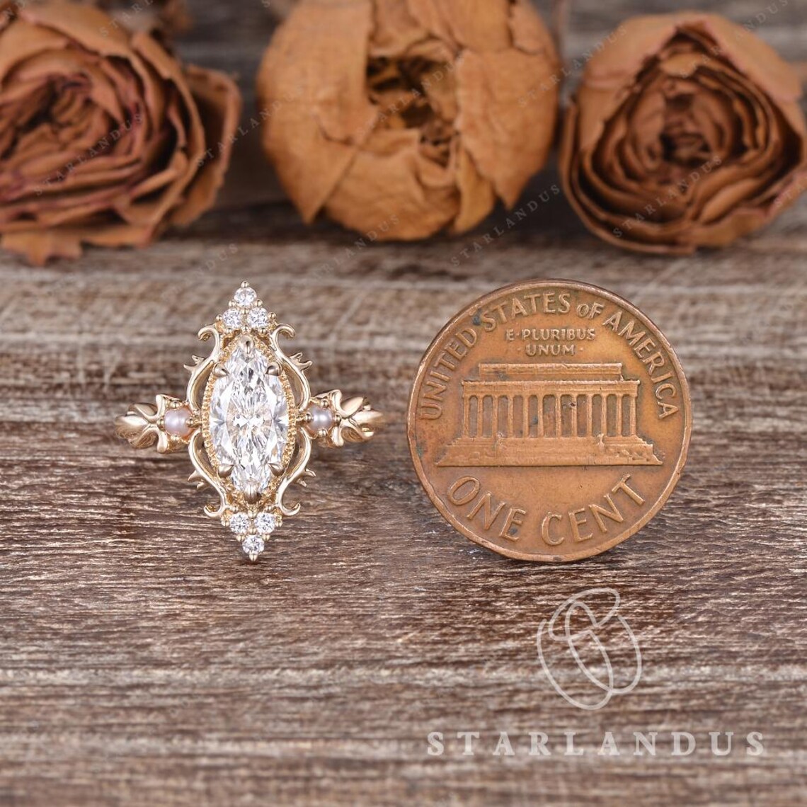 Vintage Marquise Cut Diamond Ring Yellow Gold IGI Certificate Lab Grown ...