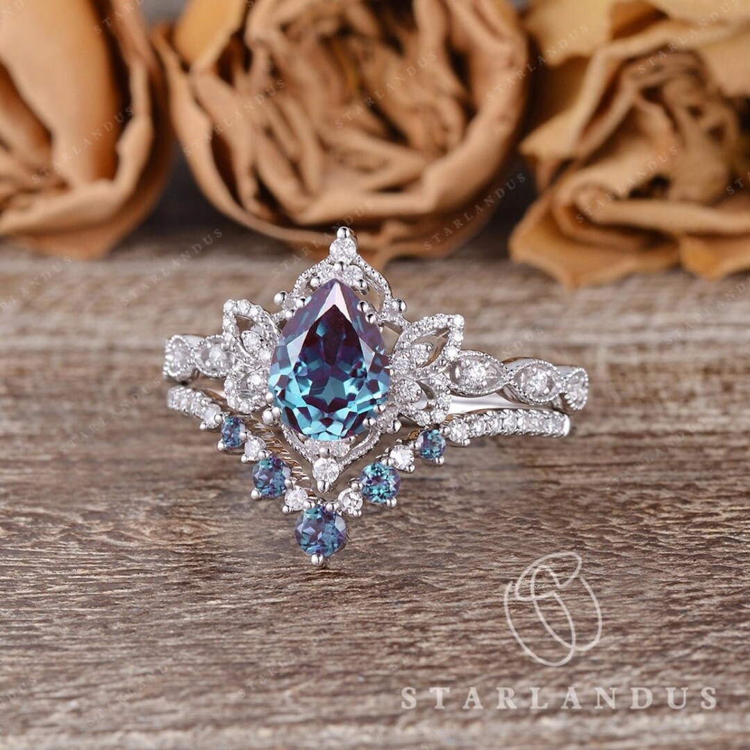 Unique Alexandrite Engagement Ring Set Whimsical Ring Butterfly Wedding ...