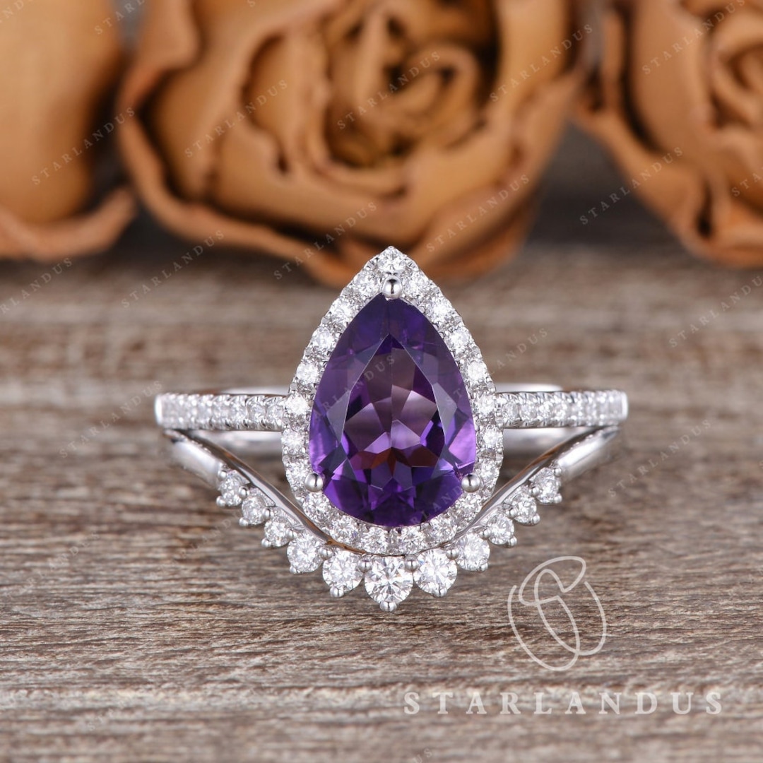 Pear Shaped Amethyst Engagement Ring Rose Gold Bridal Set Vintage ...