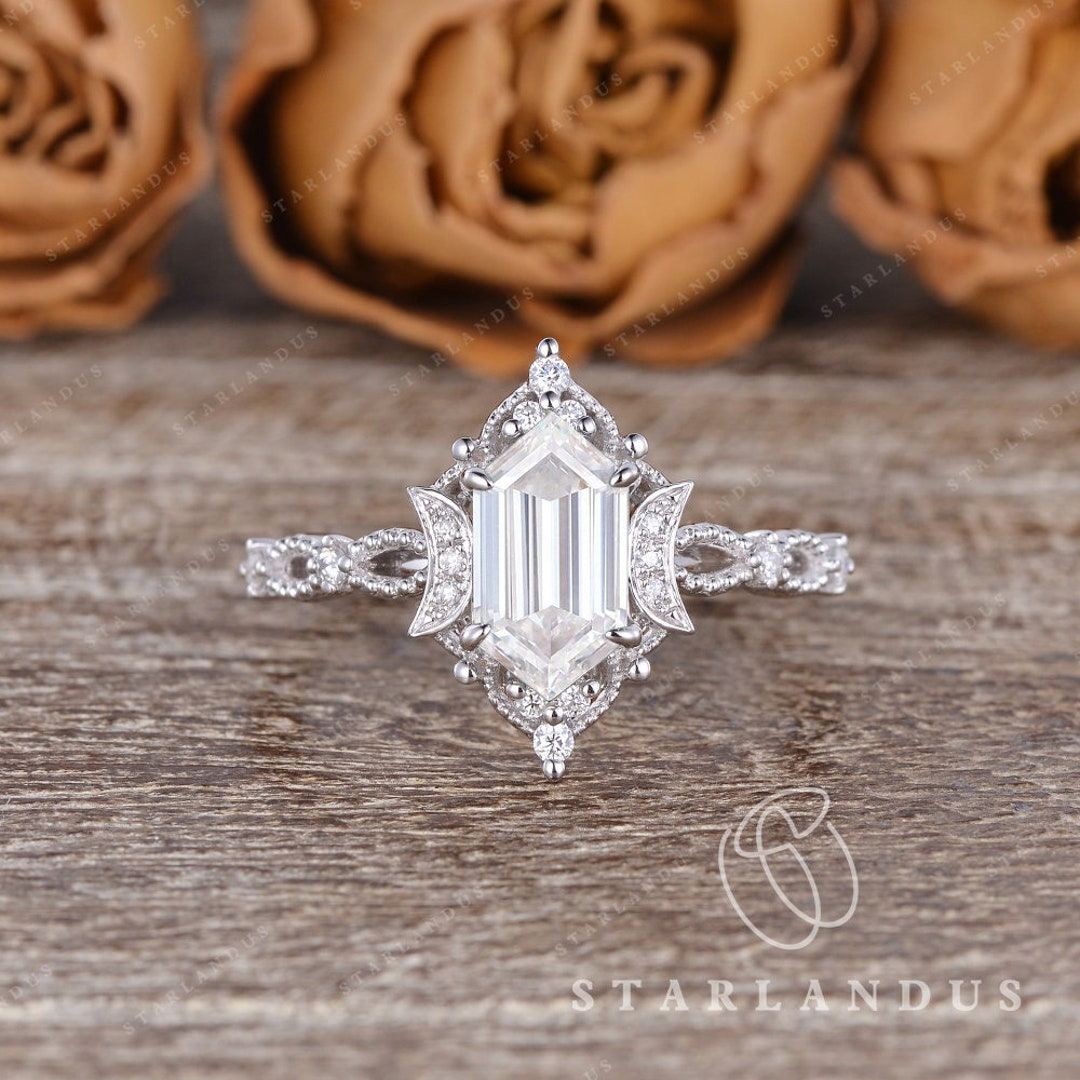 Fancy Hexagon Moissanite Engagement Ring Vintage White Gold Art Deco ...
