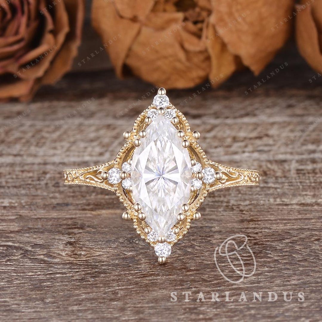 Vintage Filigree Marquise Moissanite Engagement Ring Art Deco Yellow ...