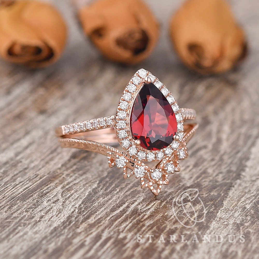 Pear Shaped Garnet Engagement Ring Set 2pcs Rose Gold Bridal Set Unique ...