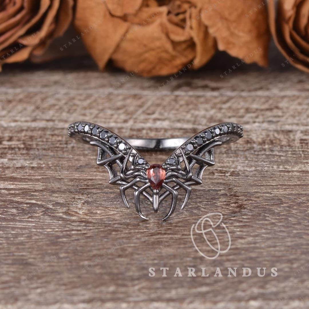 Goth Spider Garnet Curved Wedding Band Black Gold Natural Inspired ...