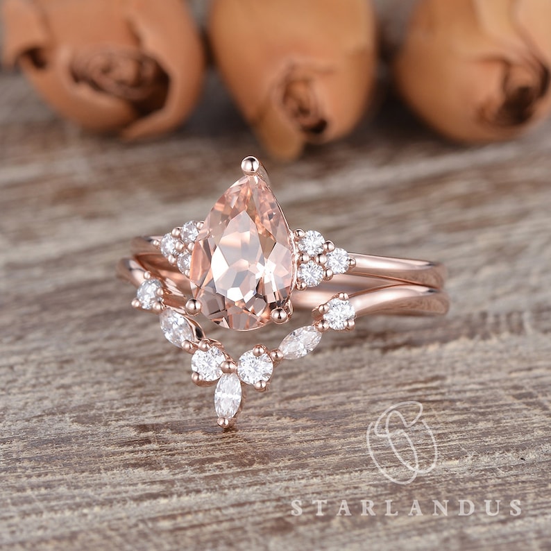 Pear Shaped Morganite Bridal Set 2pcs 1.2ct Morganite Cluster Ring ...