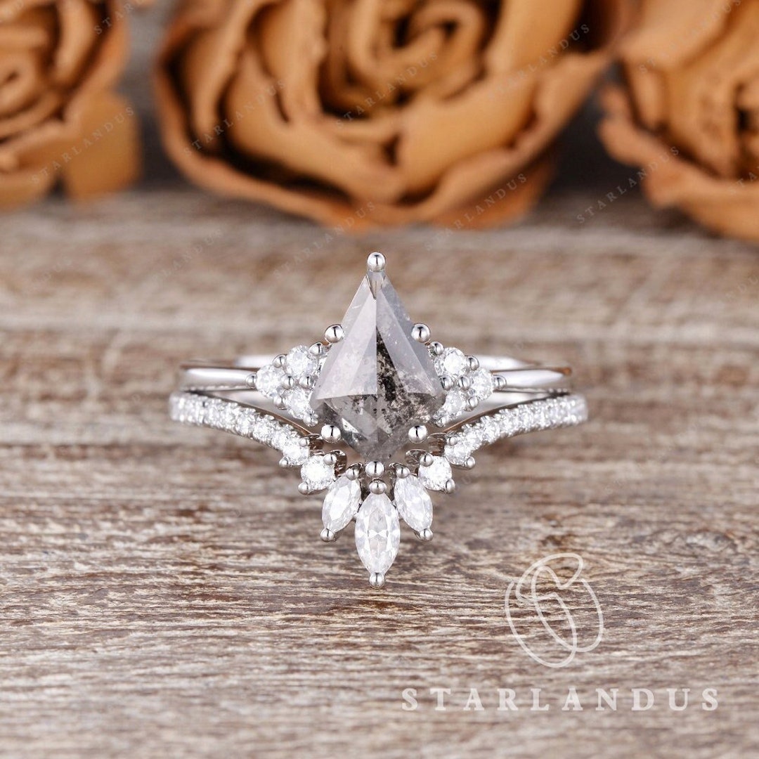 Natural Kite Cut Salt and Pepper Diamond Engagement Ring Set White Sold ...