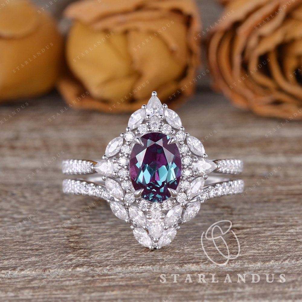 Vintage Inspired Lab Alexandrite Engagement Ring White Gold | Etsy