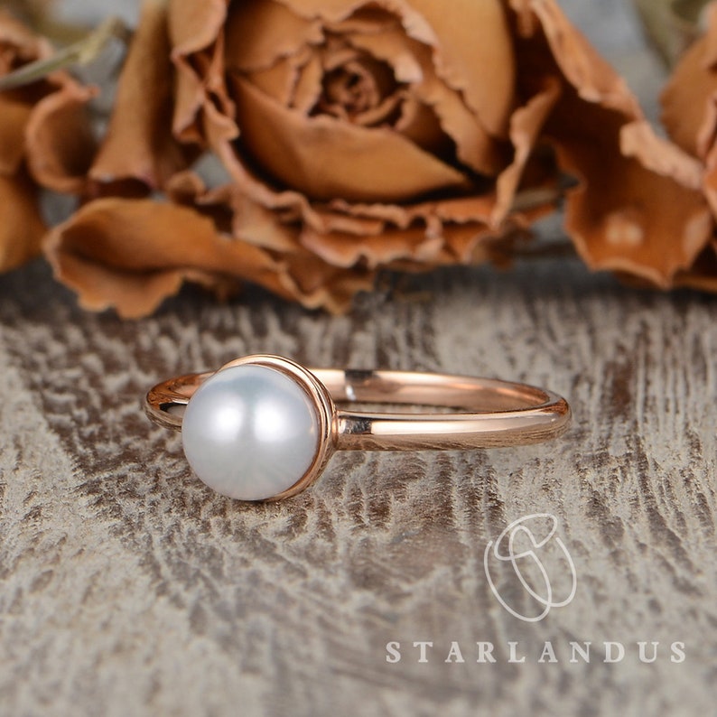 Pearl Engagement Ring Bezel Set Rose Gold Engagement Ring - Etsy