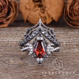 Goth Coffin Garnet Engagement Ring Set Black Gold Moon Ring Spider Web Band Wedding Ring Set ...