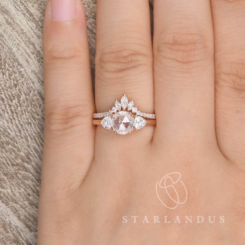 Unique Rose Gold Bridal Set 2pcs Engagement Ring Rose Cut | Etsy