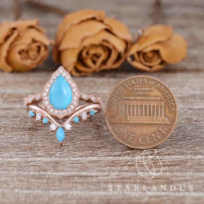 Natural Turquoise Pear Shaped Engagement Ring Set 2pcs Vintage - Etsy