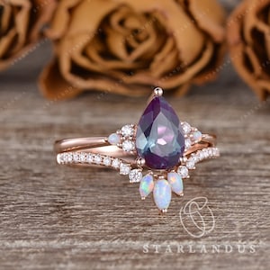 Alexandrite Opal Engagement Ring Set 2pcs Rose Gold Bridal Set Pear ...