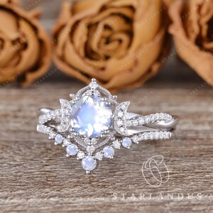 Moonstone Infinity Engaging Ring Set 2pcs Art Deco Engagement Ring White Gold Wedding Ring ...