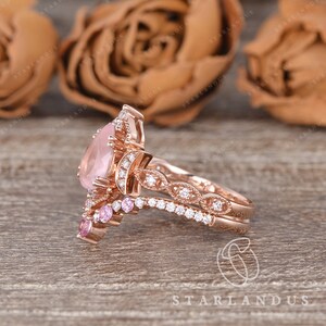 Vintage Rose Quartz Engagement Ring Set Pear Shaped Rose Quartz Rose ...