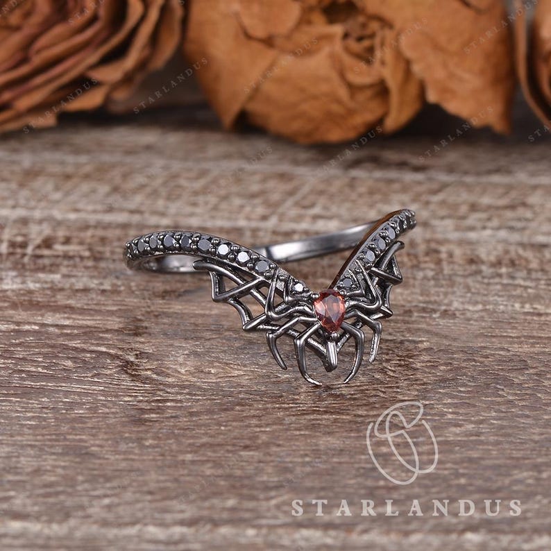 Goth Spider Garnet Curved Wedding Band Black Gold Natural Inspired ...