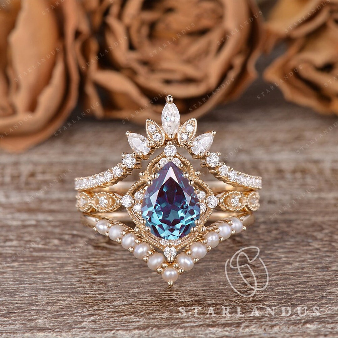 Pear Shaped Alexandrite Engagement Ring Set Vintage Pearl Wedding Band ...