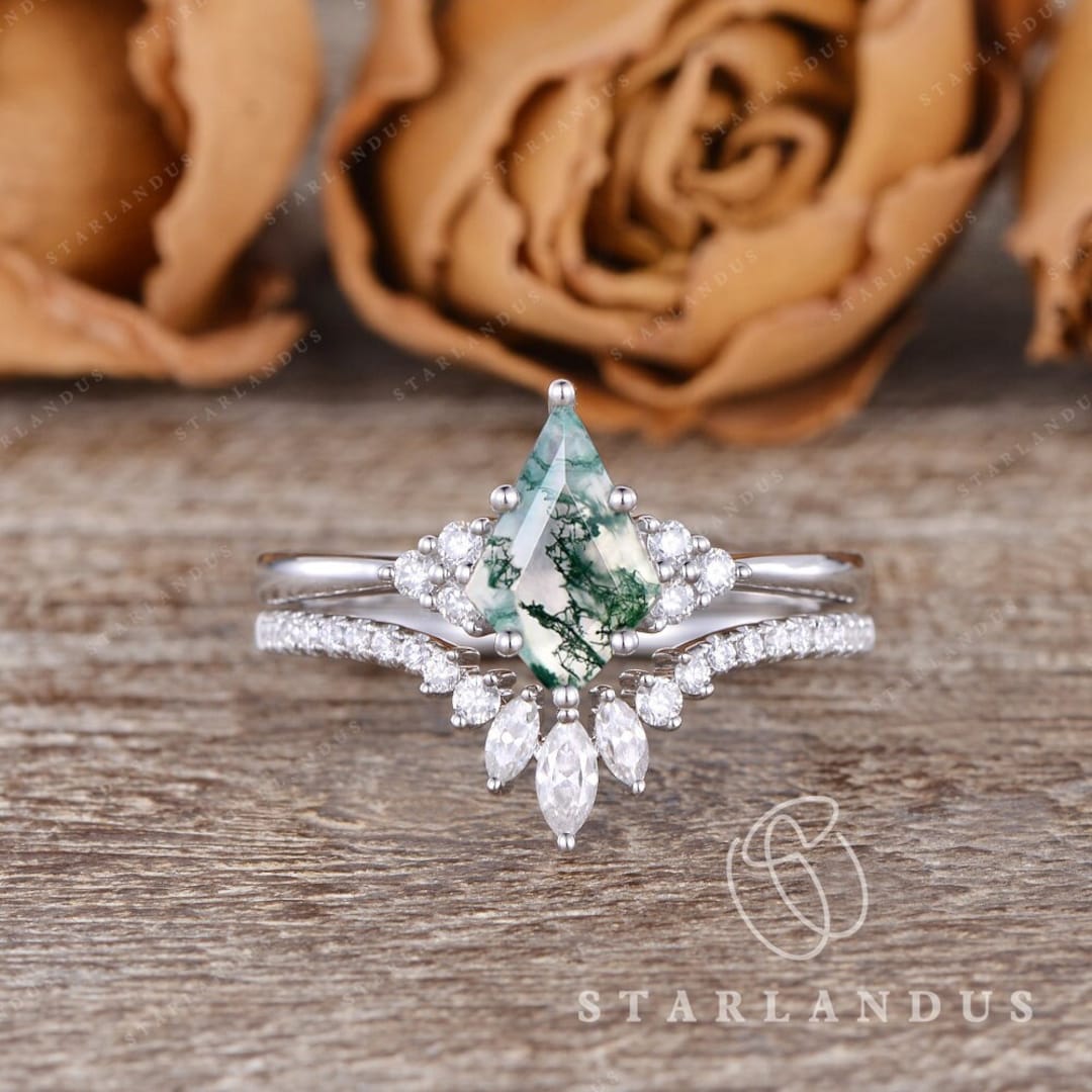 Kite Shaped Moss Agate Engagement Rings Set Rose Gold Engagement Ring ...