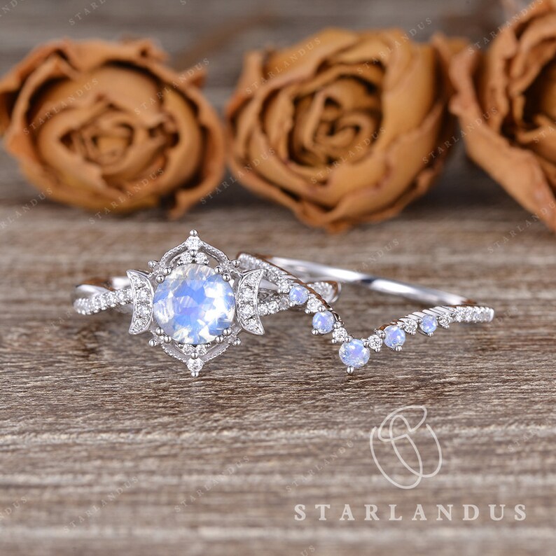 Moonstone Infinity Engaging Ring Set 2pcs Art Deco Engagement - Etsy