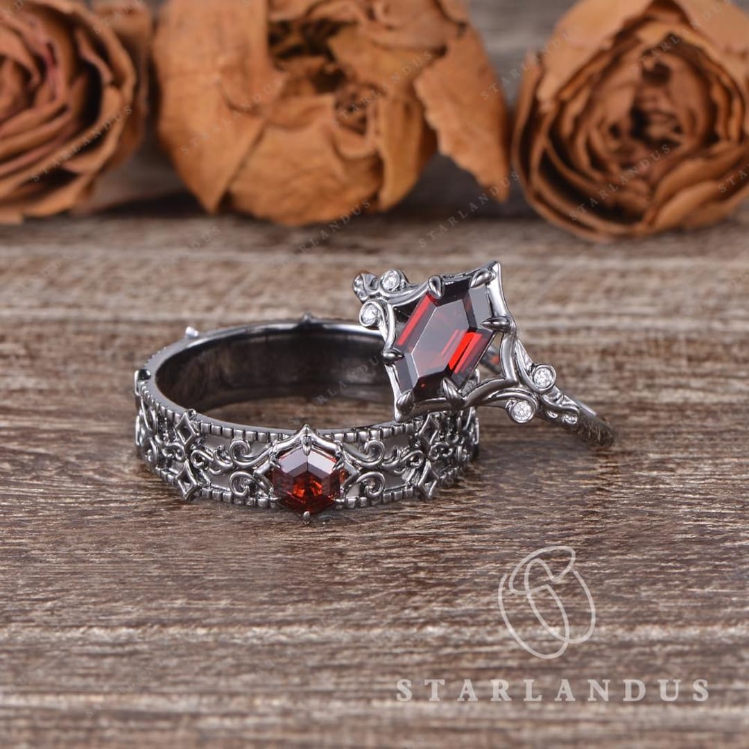 Gothic Couples Ring Set Hexagon Garnet Ring Black Gold Ring Bat Wedding ...