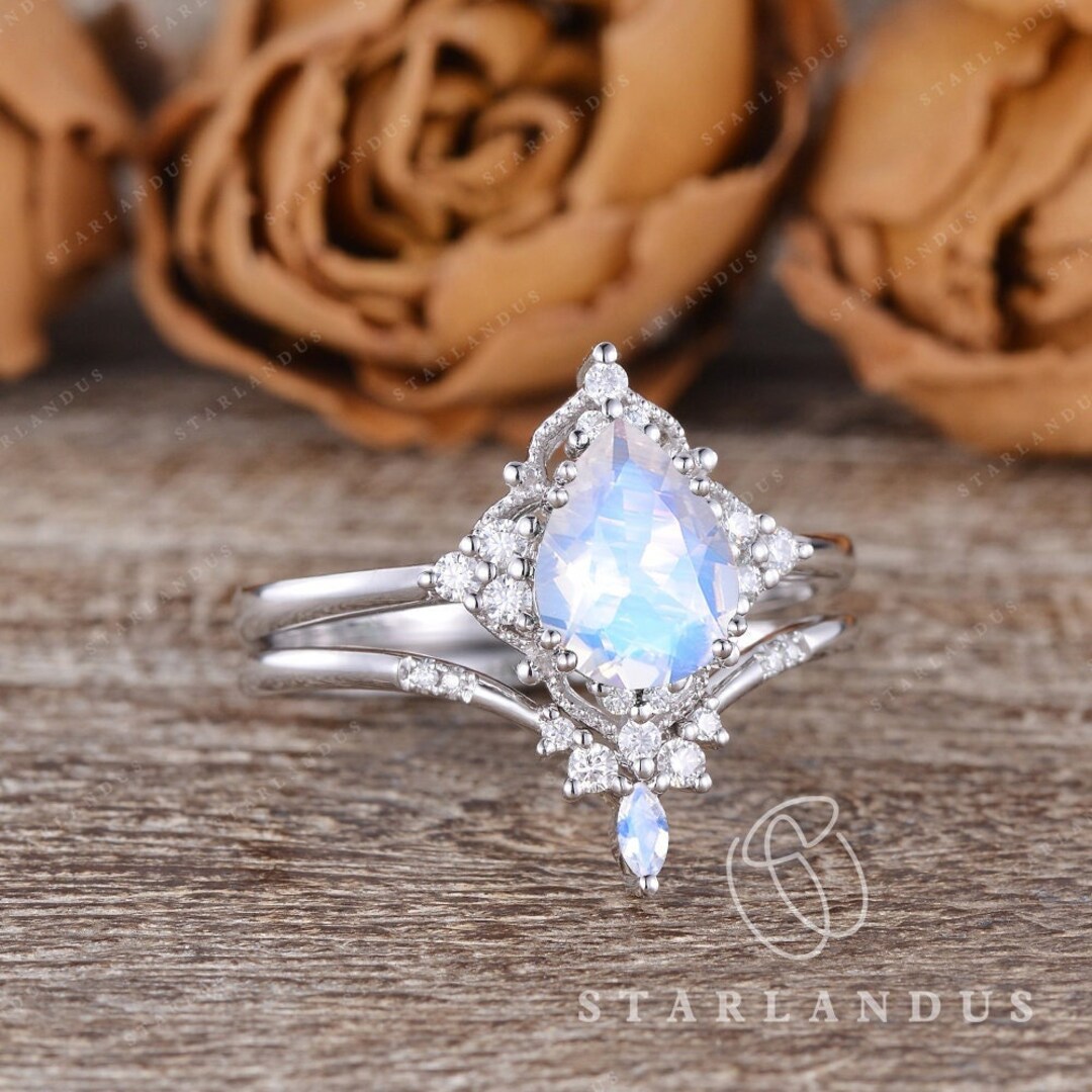 Vintage Moonstone Engagement Ring Set 14K White Gold Pear Shaped ...