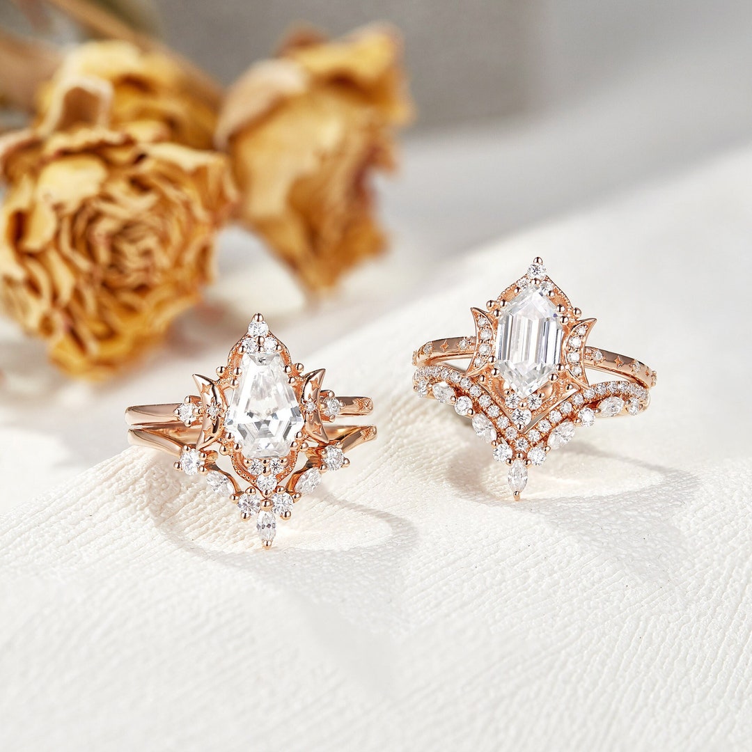 Vintage Moon Engagement Ring Set Kite Cut Moss Agate/pear Moissanite ...