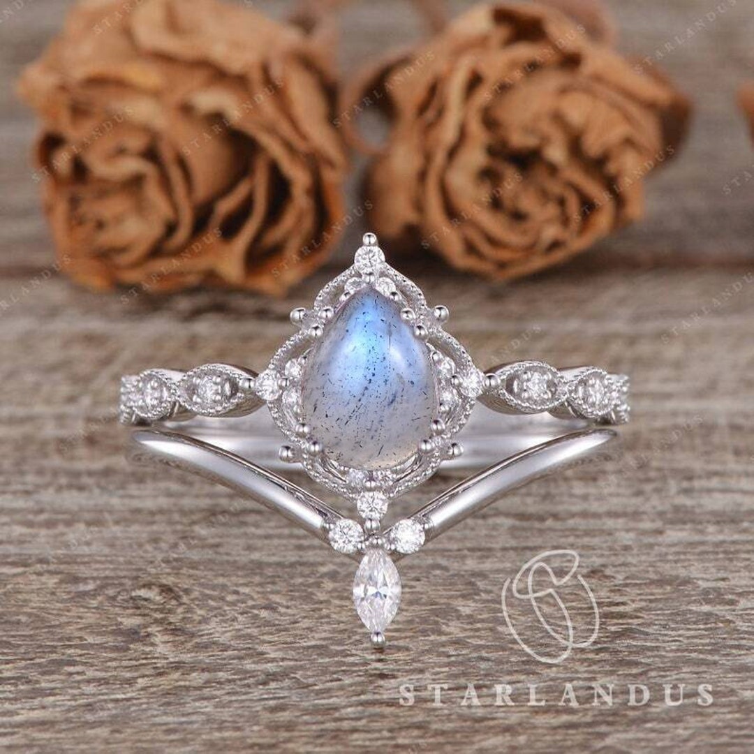 Pear Shaped Labradorite Engagement Ring Unique Rose Gold Bridal Set ...