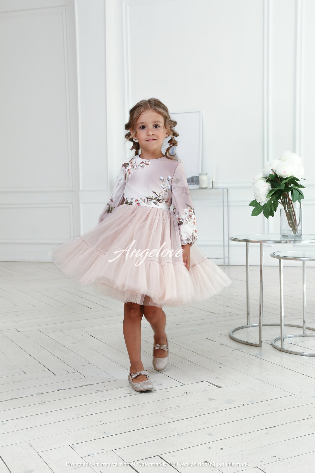 Beige Dress for Little Girl, Special Occasion Outfit With Floral Print ...