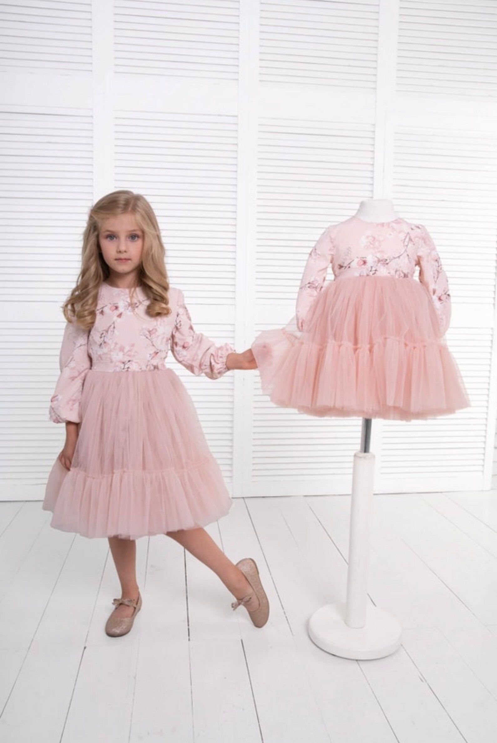 Beige Dress for Little Girl, Special Occasion Outfit With Floral Print ...