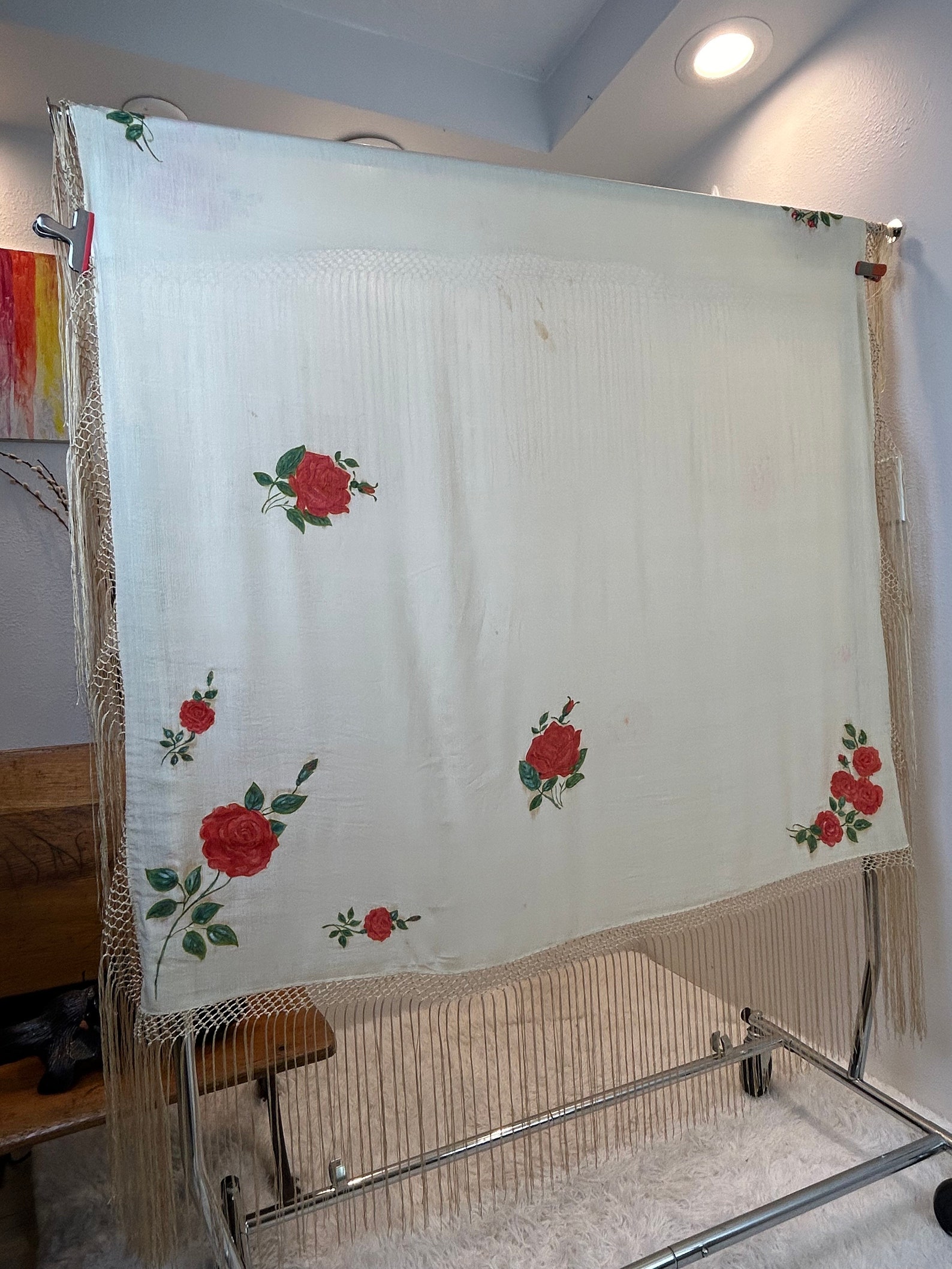 Antique Hand-painted Rose Piano Shawl – Cream Silk, 1920s Fringe - Etsy