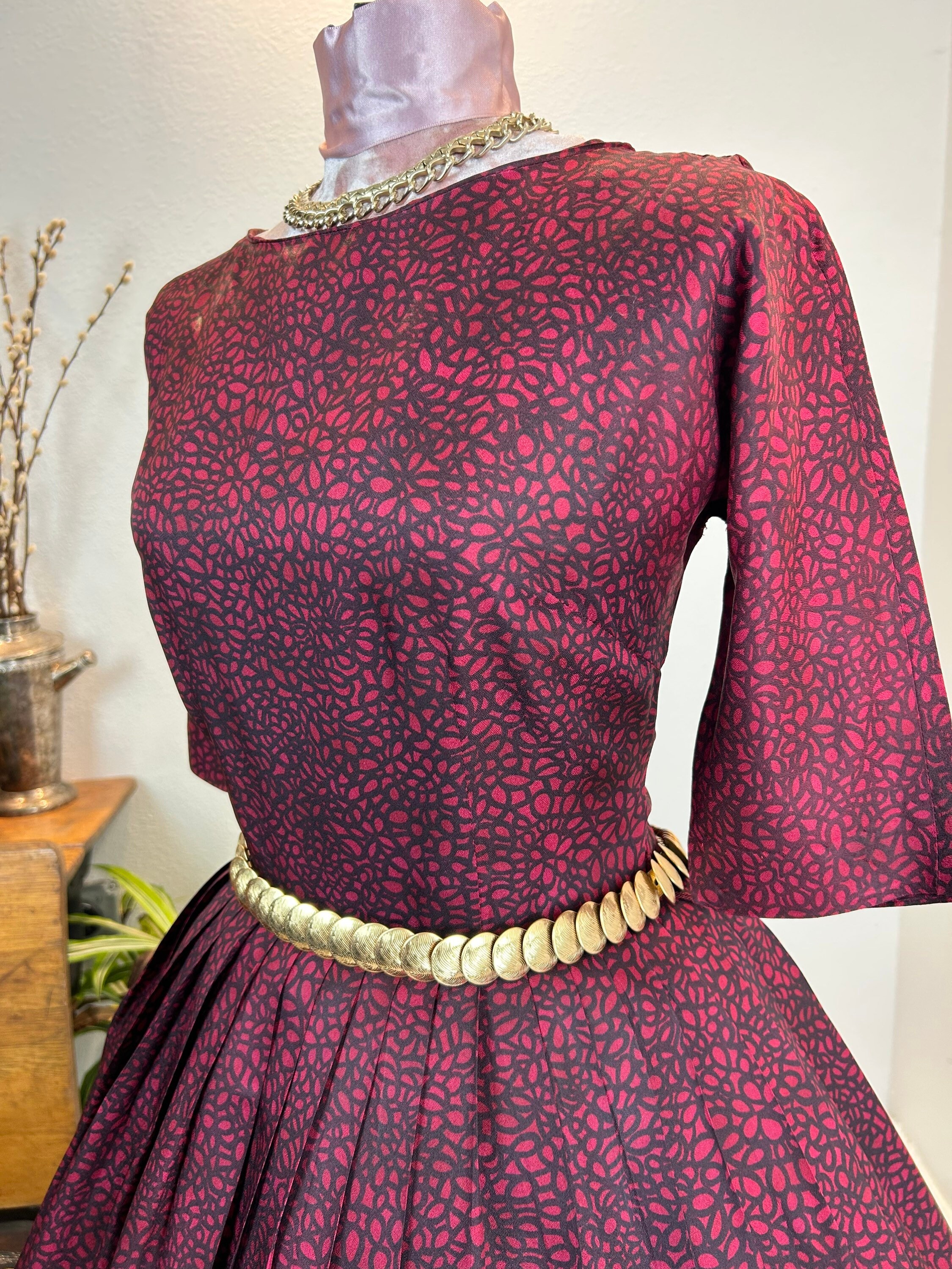 1950s Fit and Flare Dress, Red & Black Print, - Etsy