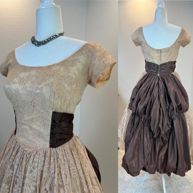 Vintage 1950s Lace Dress - Coffee Taffeta Bubble Bustle, Fit & Flare - Etsy