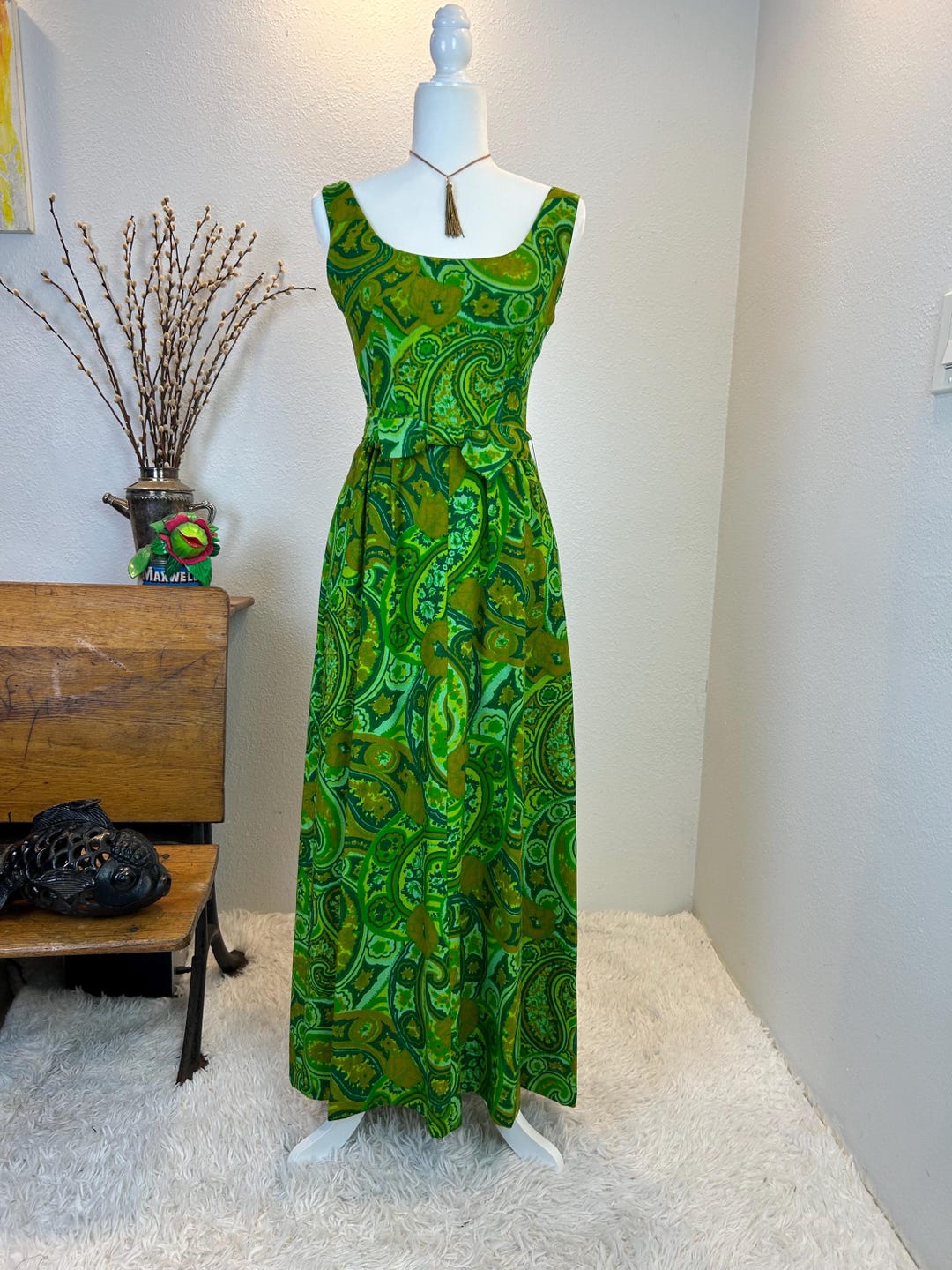 Vintage 60s/70s Barkcloth Hawaiian Dress: Green Psychedelic Print, Made ...