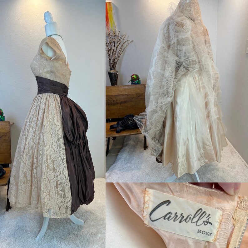 Vintage 1950s Lace Dress - Coffee Taffeta Bubble Bustle, Fit & Flare - Etsy