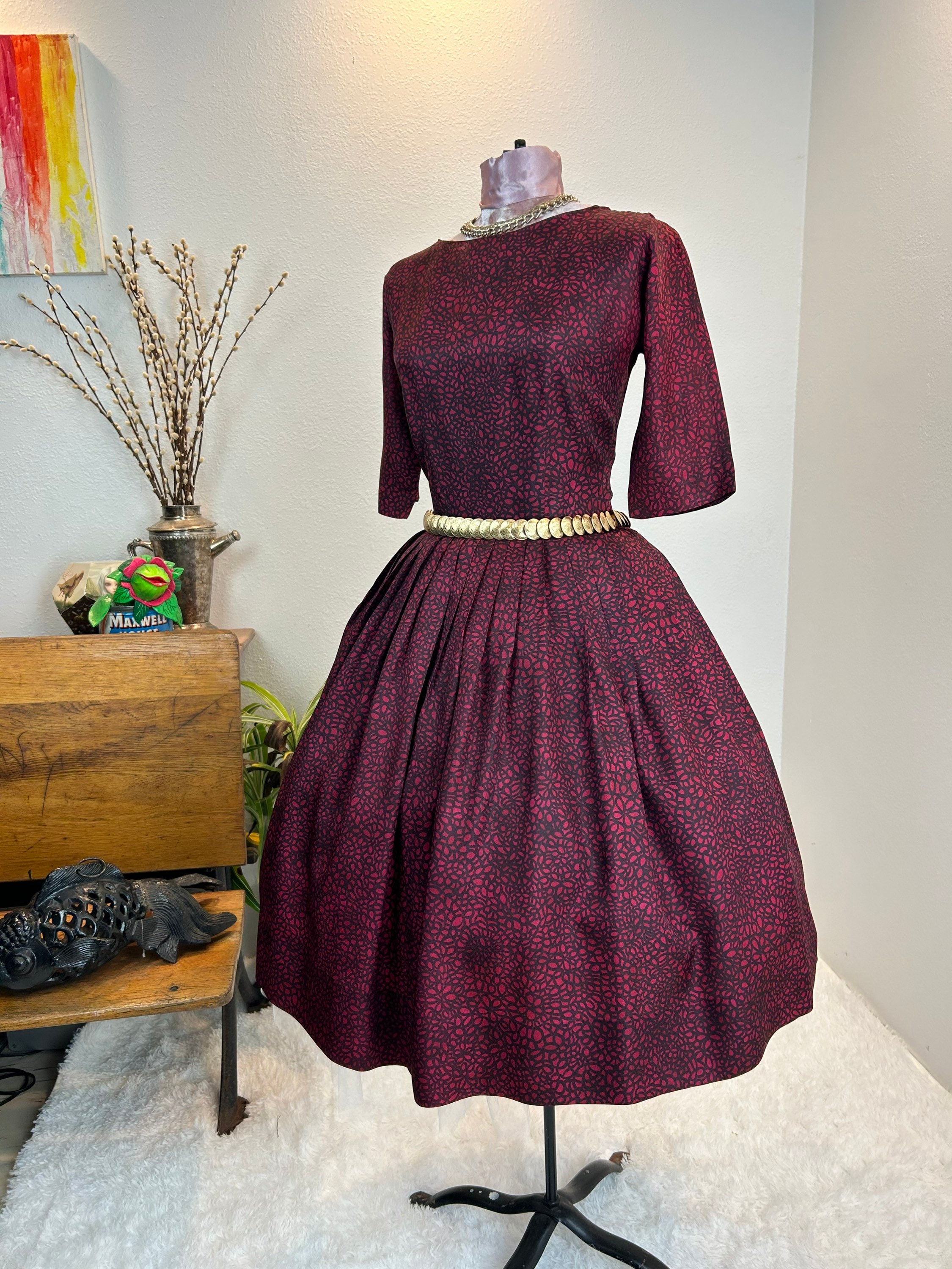 1950s Fit and Flare Dress, Red & Black Print, - Etsy