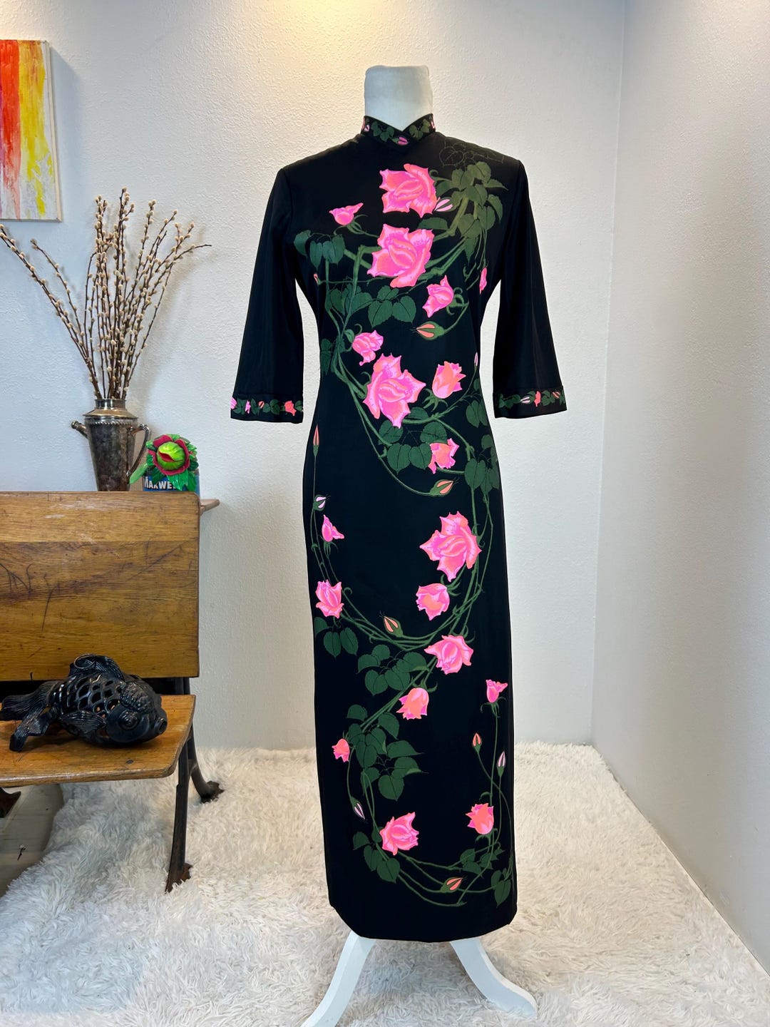 1970s Alfred Shaheen Hand Printed Rose Maxi / Vintage Alfred Shaheen ...